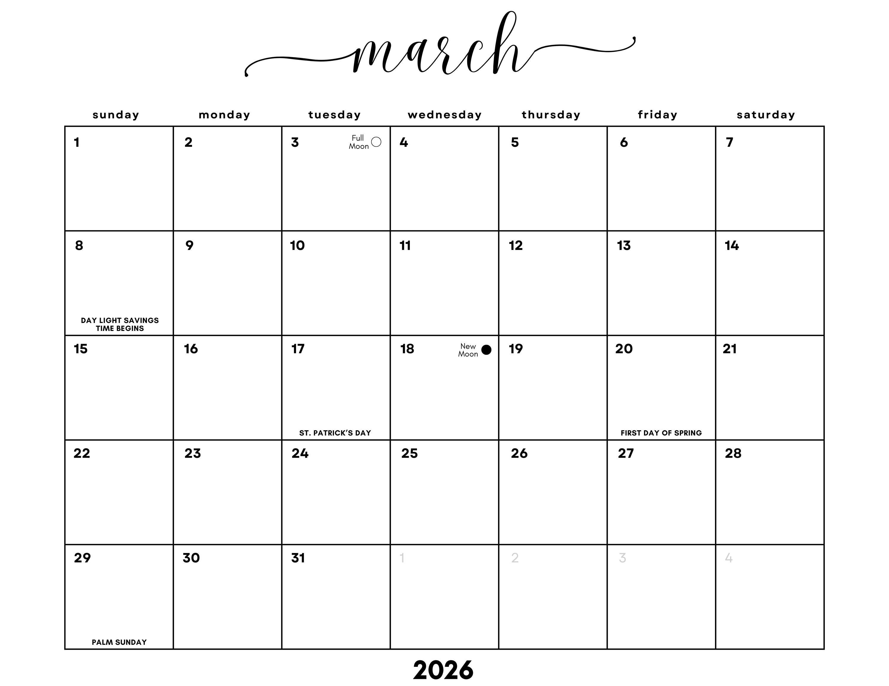 March 2026 Monthly Calendar: Minimalist Cursive Landscape Planner ...