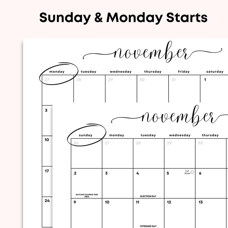 November 2025 Minimalist Calendar W/holidays & Moons: Cursive Monthly ...