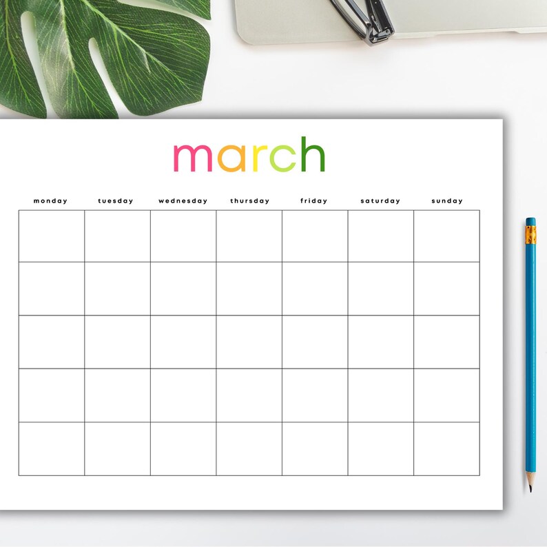 Undated March Rainbow Calendar Printable PDF| Digital Perpetual March ...