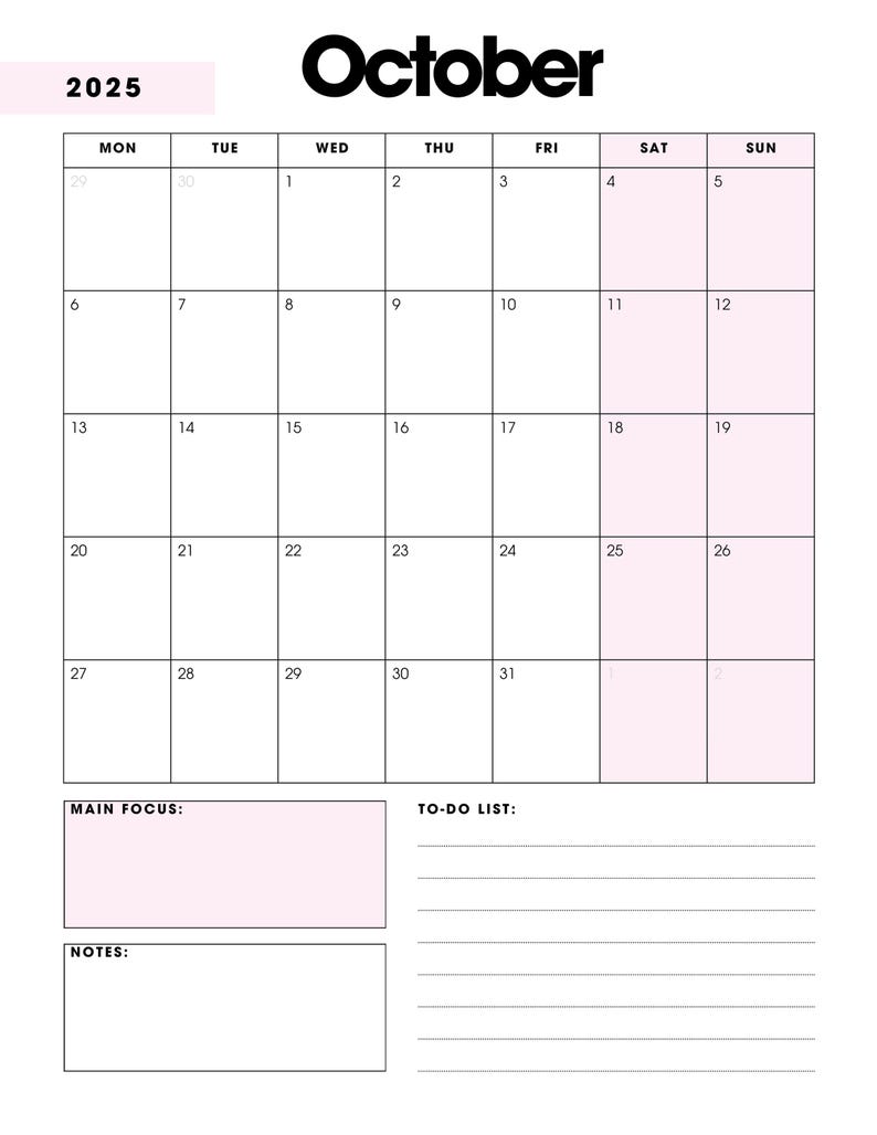 October 2025 Calendar Printable: Minimalist Design Monday Start ...