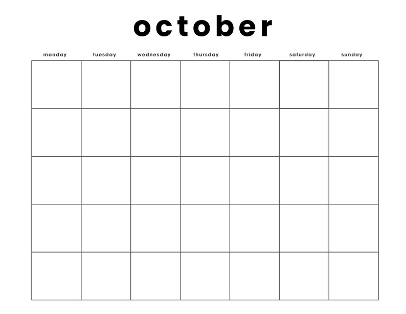 Blank October Monthly Calendar Printable PDF Instant Digital Download ...