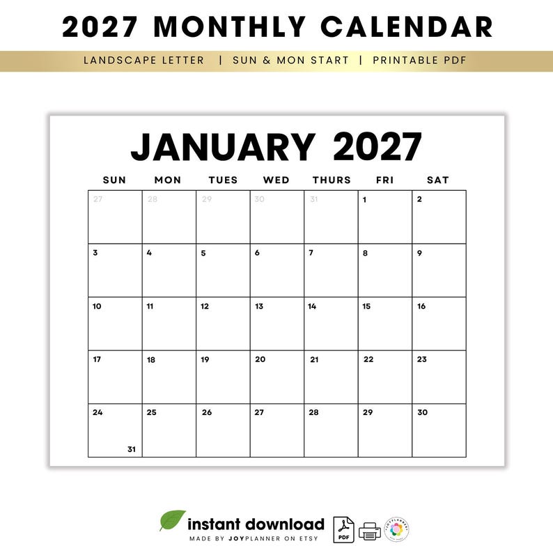 2027 Monthly Minimalist Calendar Printable (sunday, Monday Start) (PDF ...