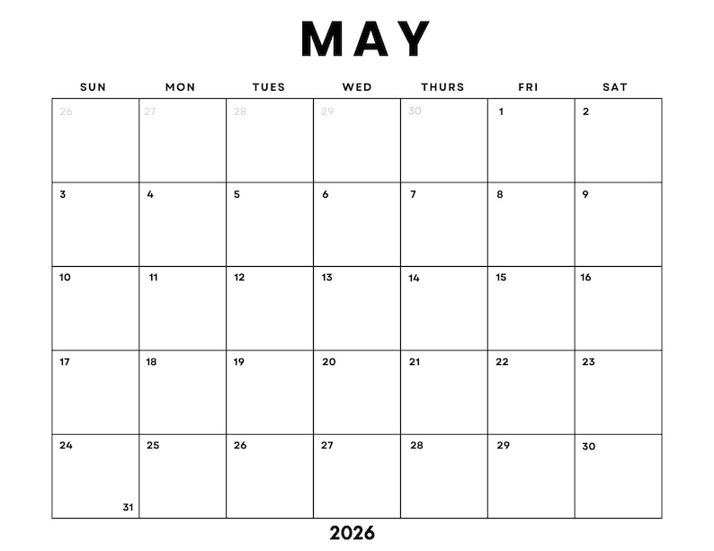 May 2026 Calendar Printable | Minimalist Monthly Planner (digital ...