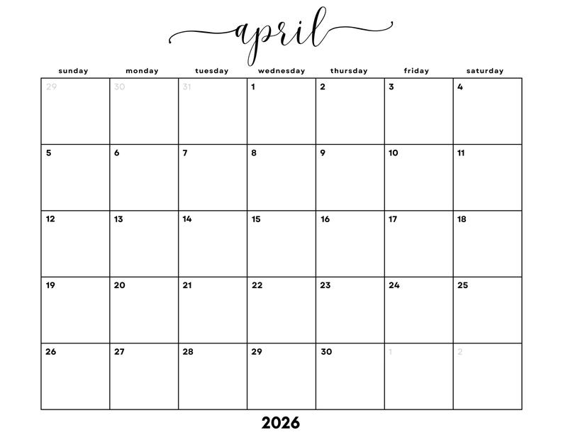 April 2026 Monthly Calendar Printable: Minimalist Letter PDF (digital ...