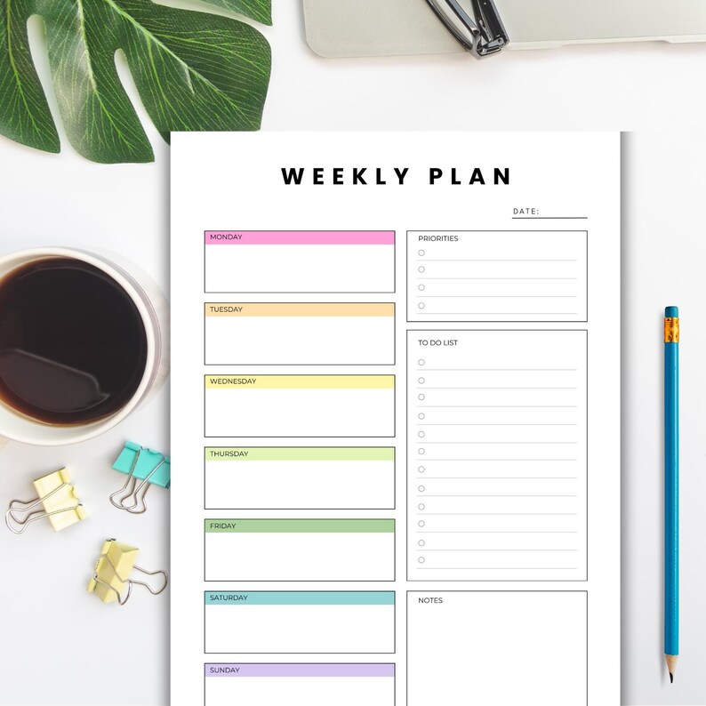 Minimalist Color Weekly Planner Printable PDF| Instant Digital Download ...