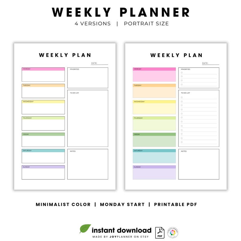 Minimalist Color Weekly Planner Printable PDF| Instant Digital Download ...