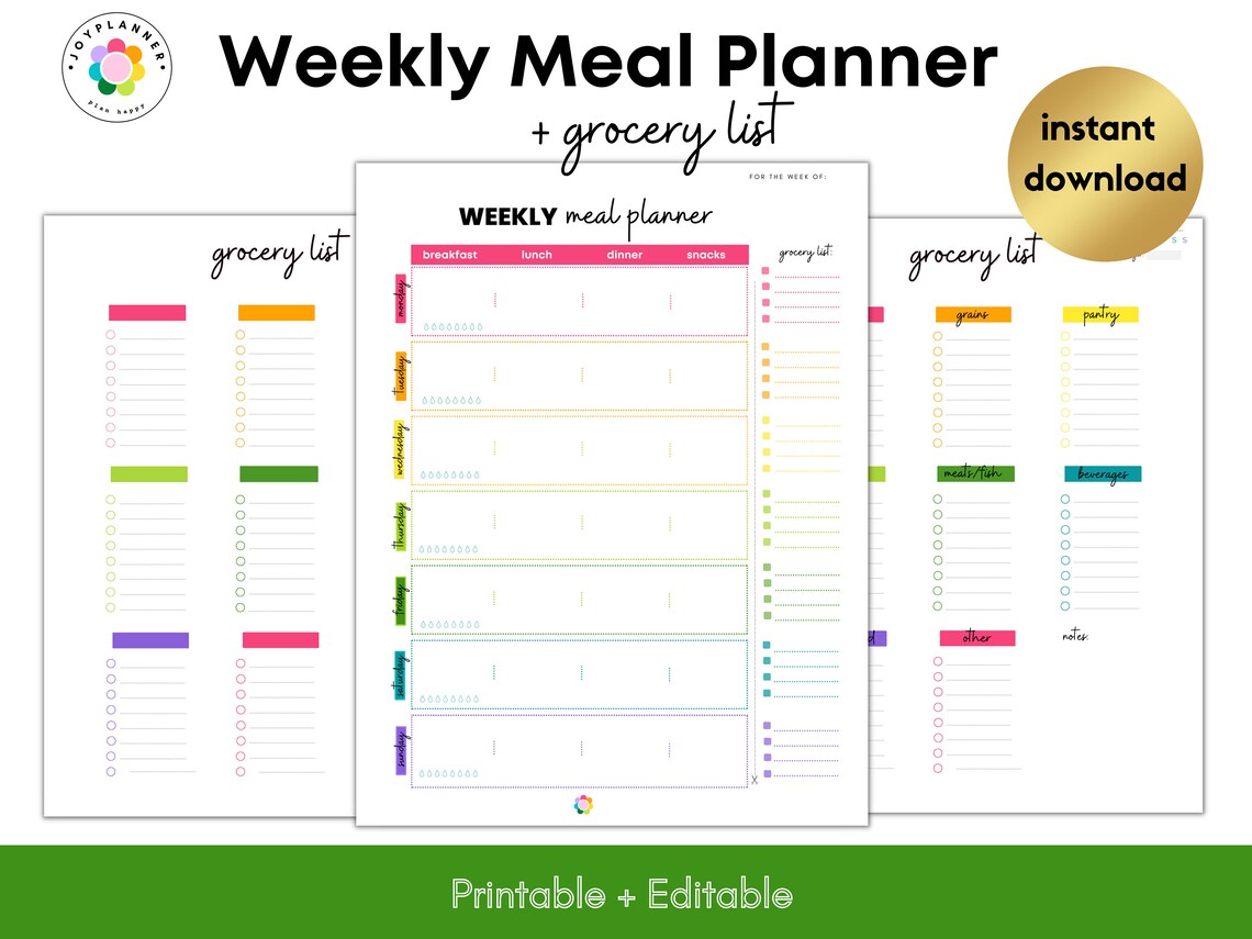 Weekly Meal Planner Grocery List Weekly Menu PDF Digital - Etsy