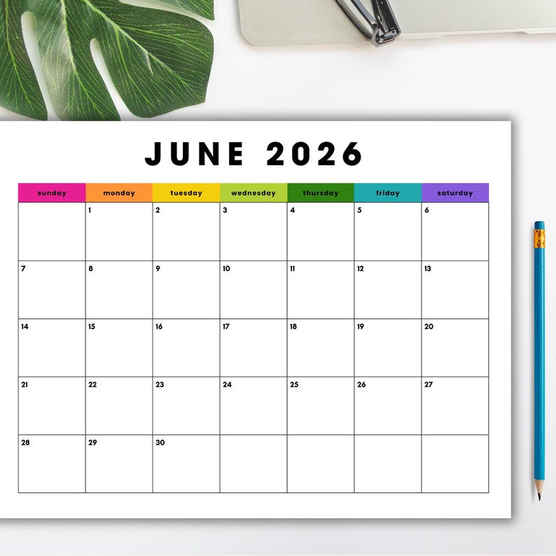 2026 Rainbow Monthly Calendar Printable: Planner, Sunday & Monday Start ...