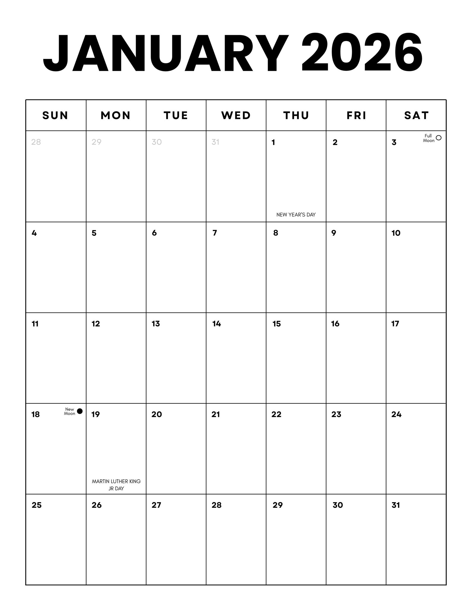 January 2026 Vertical Monthly Calendar W/holidays + Moons: Minimalist ...