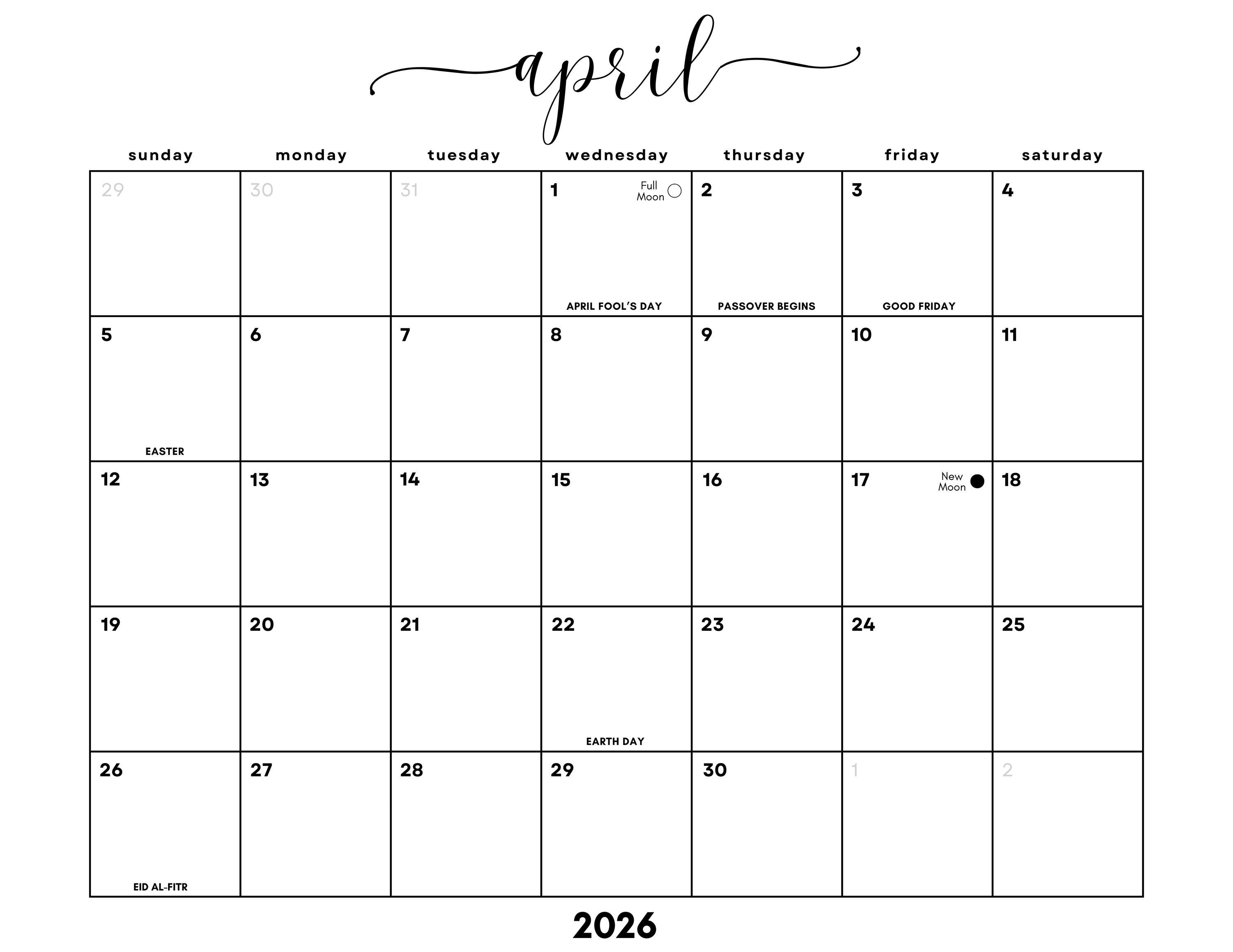 April 2026 Monthly Calendar: Minimalist Cursive Landscape Planner ...