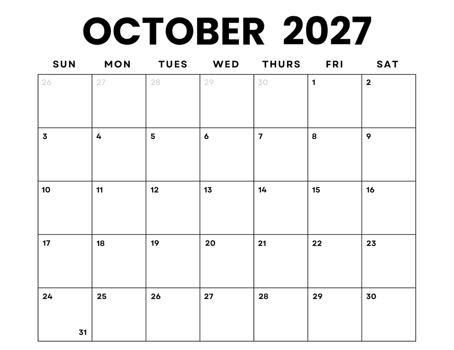 October 2027 Calendar Printable: Minimalist Monthly Planner (digital ...
