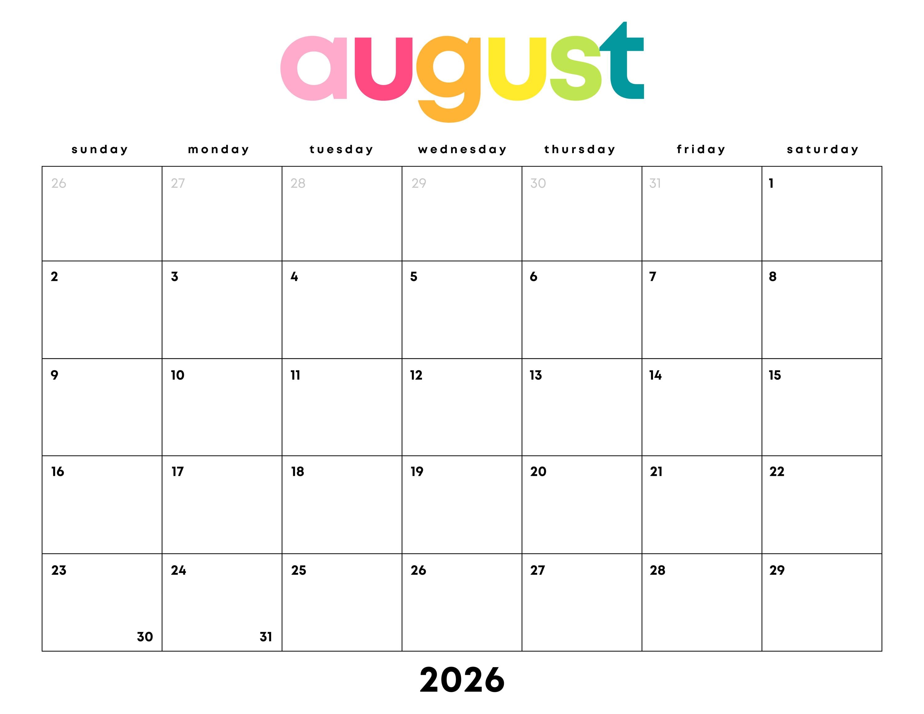 August 2026 Rainbow Calendar Printable: Minimalist Monthly Planner ...