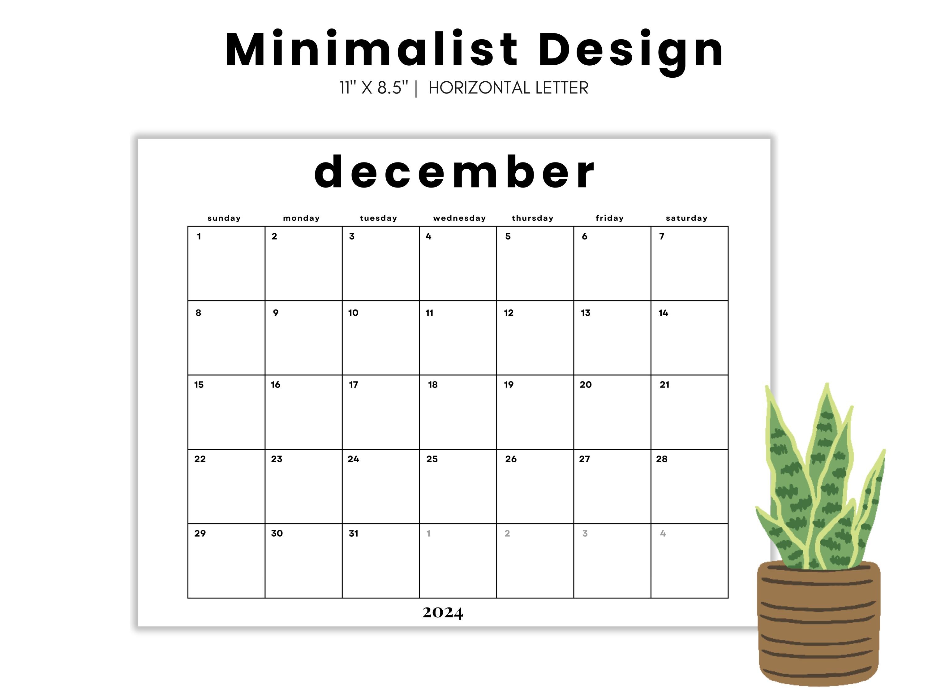 Dated December 2024 Minimalist Monthly Calendar Printable PDF Instant ...