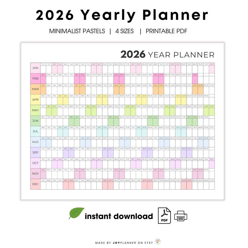 Minimalist Large Wall 2026 Yearly Calendar: Landscape (printable PDF ...