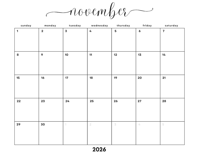 November 2026 Calendar Printable: Minimalist Letter PDF (instant ...