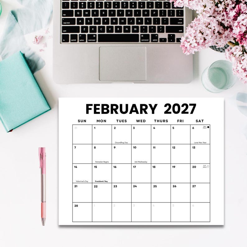 February 2027 Minimalist Calendar: US Holidays & Moon Phases (printable ...