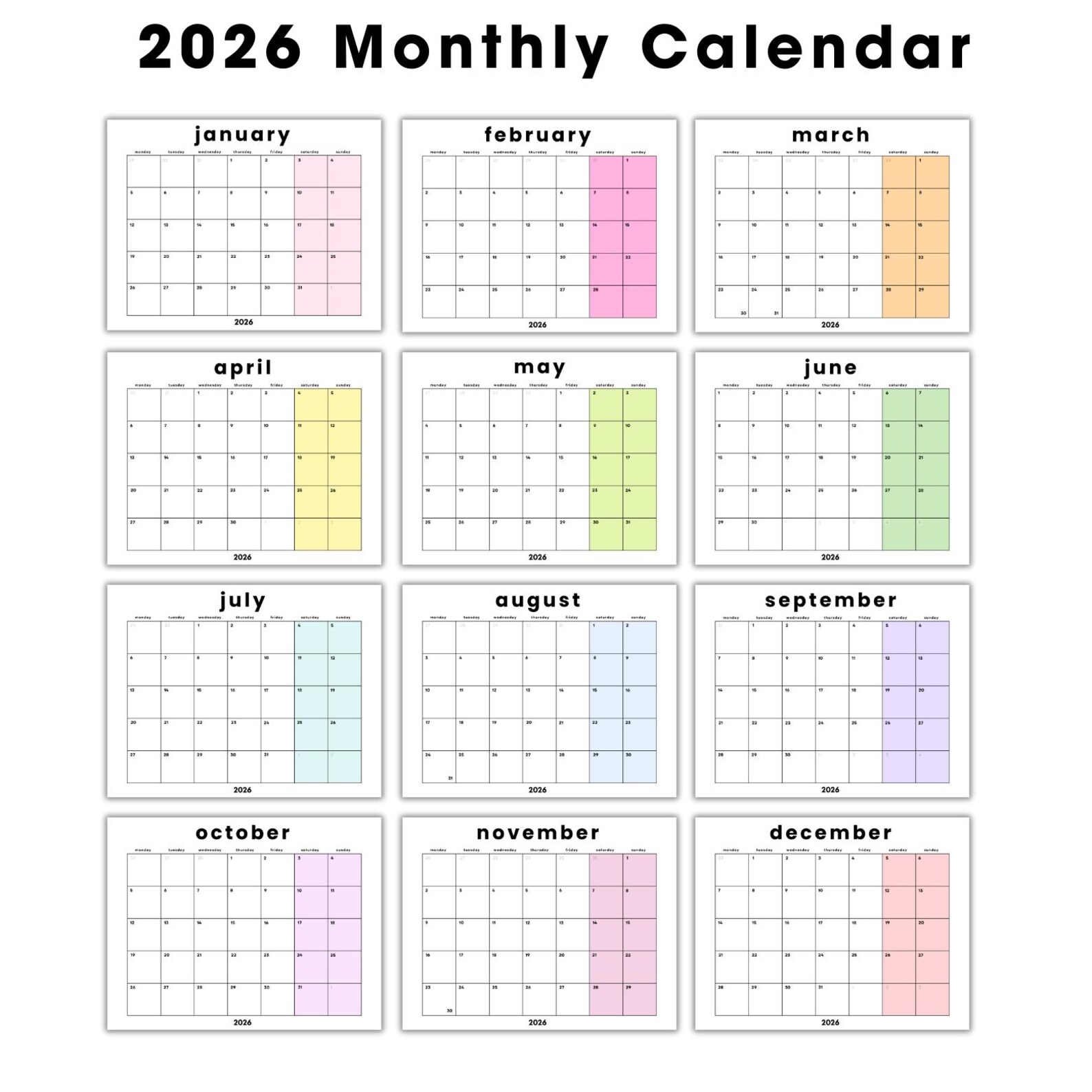 2026 Minimalist Calendar Printable: Colorblock Monthly Planner (PDF ...