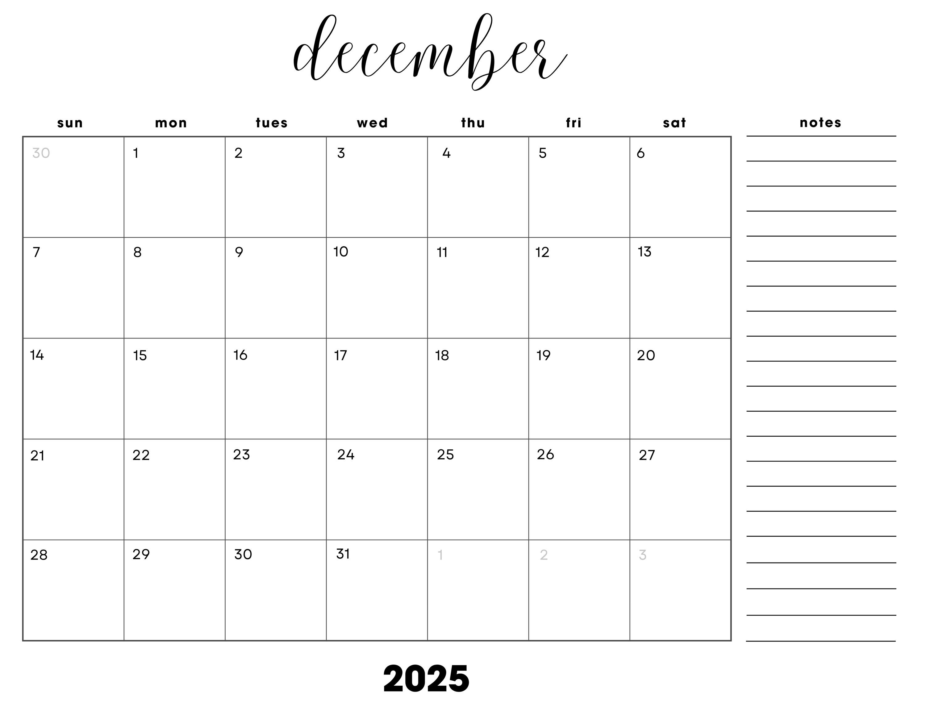 December 2025 Monthly Calendar W/notes: Minimalist Cursive Landscape ...