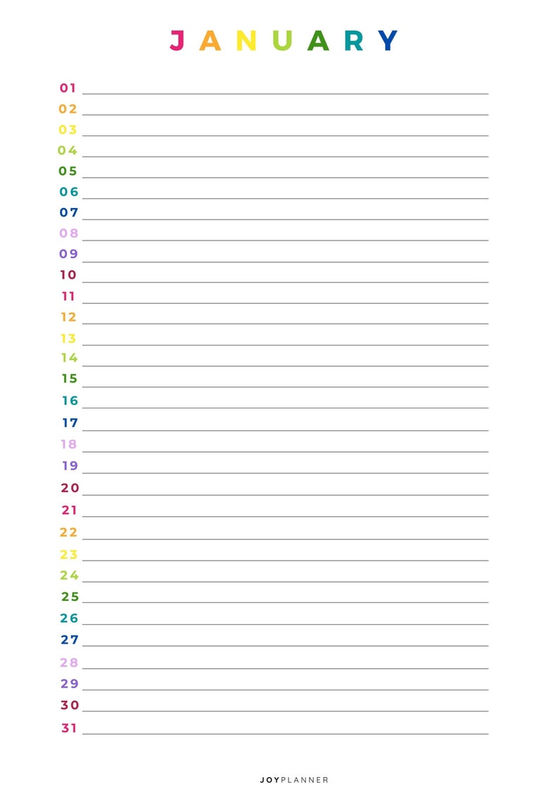 Rainbow Monthly Calendar Printable PDF| Instant Digital Download | List ...