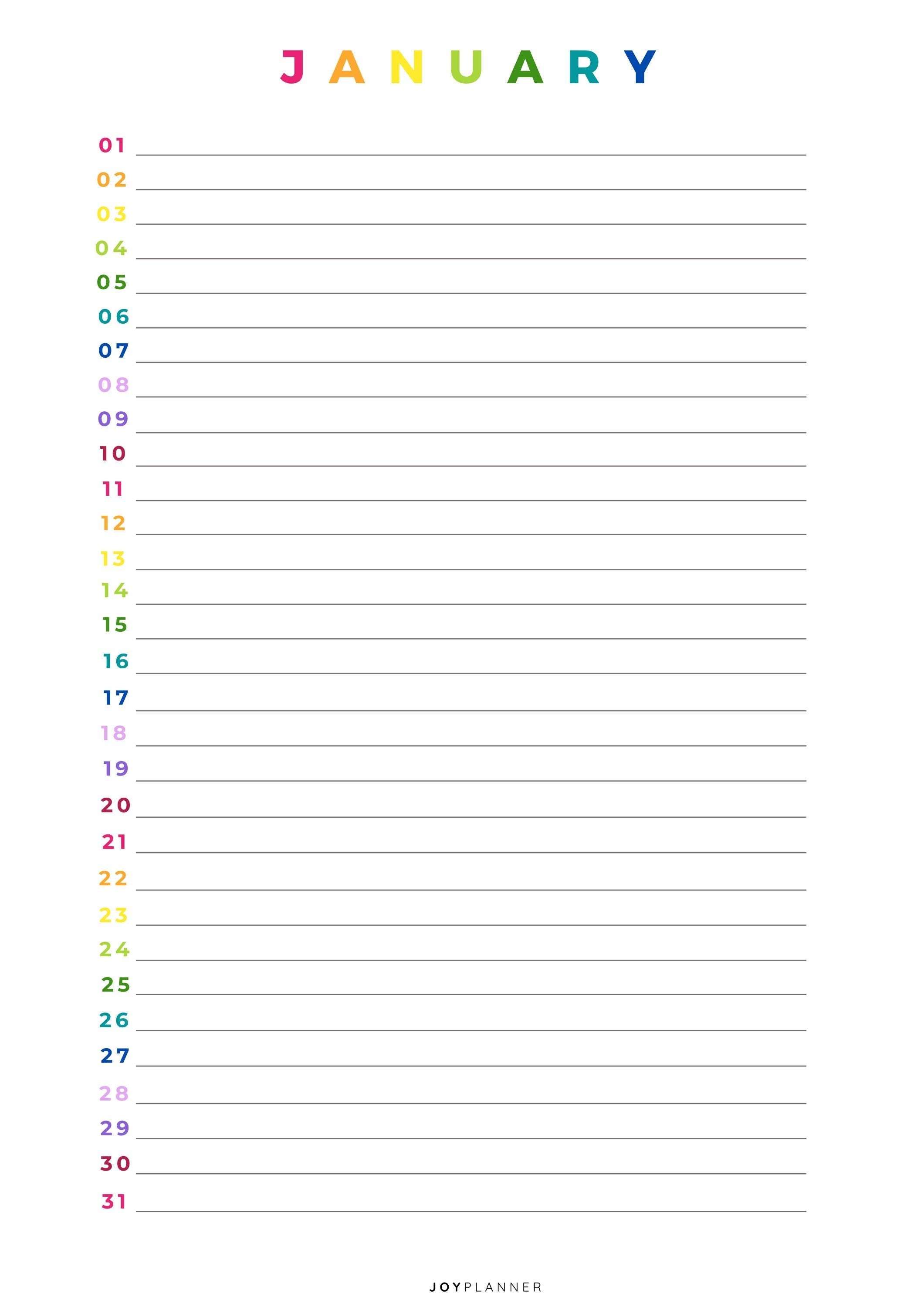 Rainbow Monthly Calendar Printable PDF| Instant Digital Download | List ...