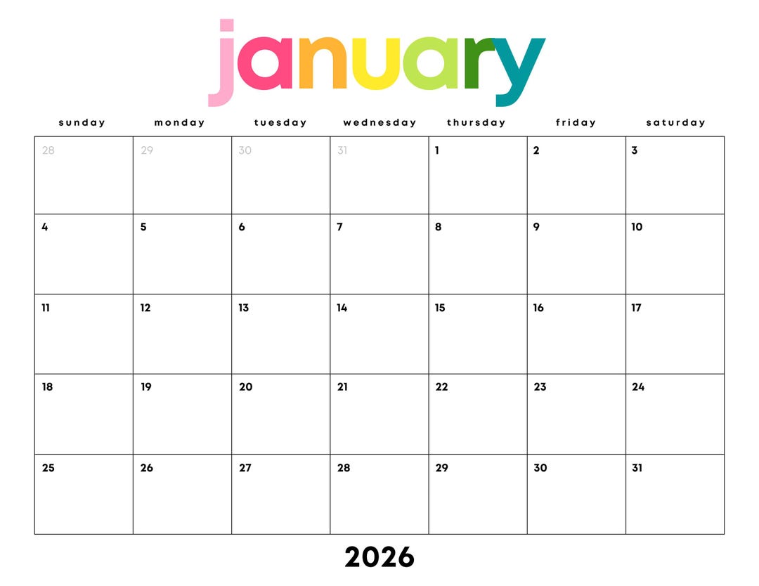 January 2026 Minimalist Calendar Printable: Rainbow PDF, Sunday/monday ...