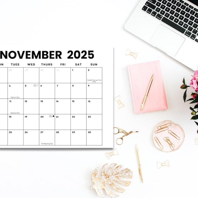 November 2025 Minimalist Calendar: US Holidays & Moons (printable PDF ...