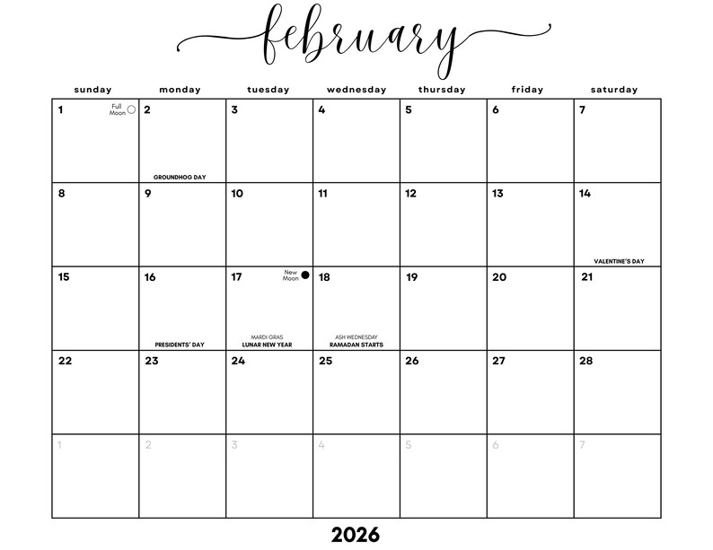 February 2026 Minimalist Cursive Calendar: US Holidays & Moon Phases ...