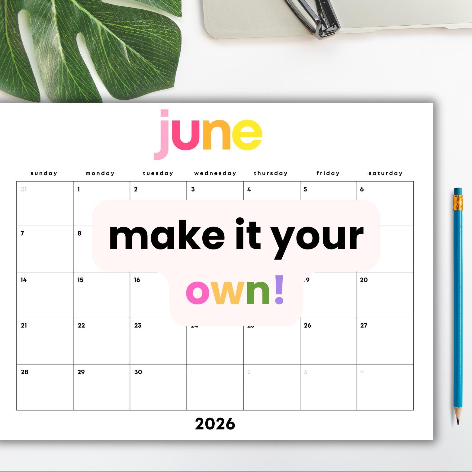 June 2026 Minimalist Calendar Printable: Rainbow PDF, Sunday/monday ...