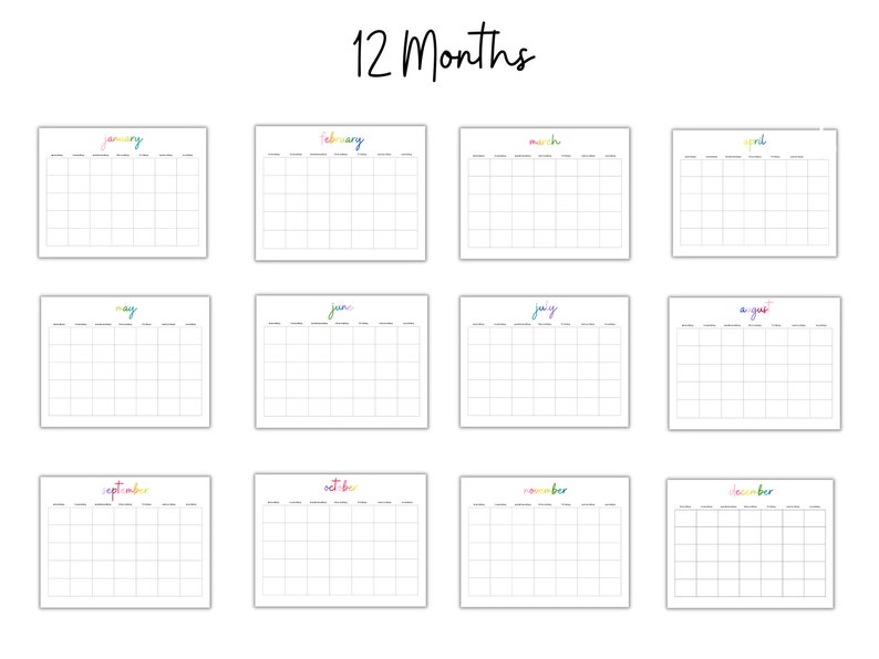 Blank Monthly Rainbow Calendar Printable Digital 2023 Planner Instant ...