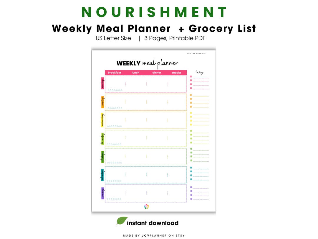 Weekly Meal Planner Printable | Color-coded Menu, Grocery List (digital ...