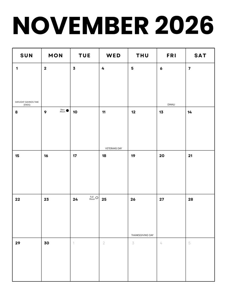 Fillable November 2026 Vertical Minimalist Calendar: US Holidays & Moon ...