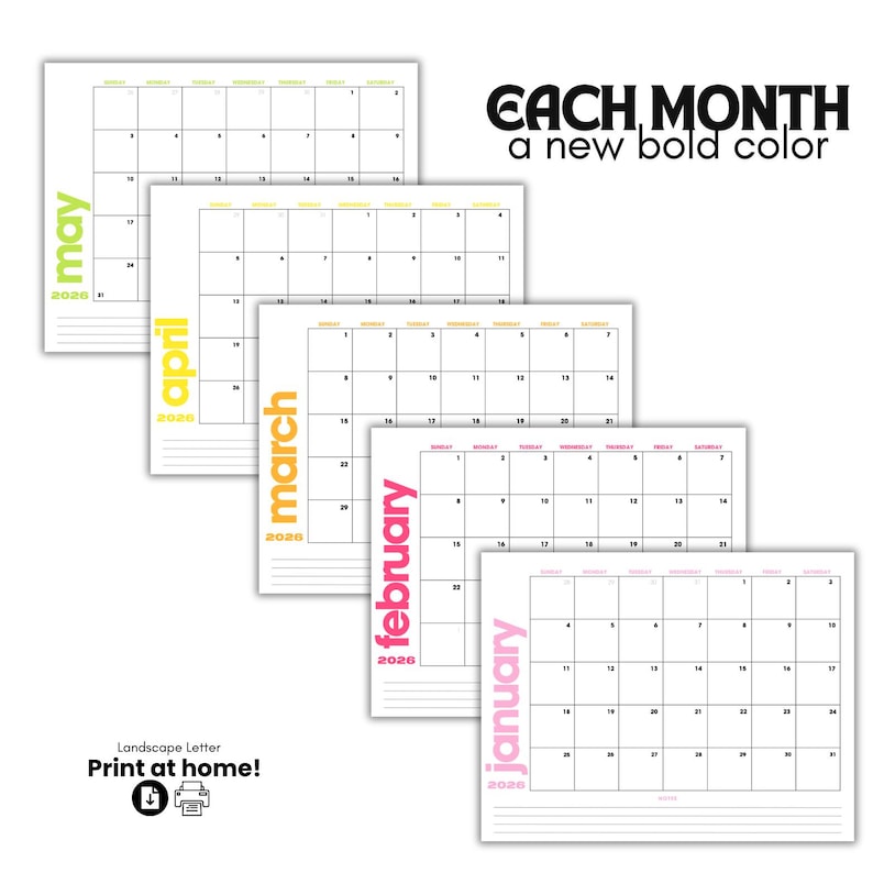2026 Minimalist Monthly Calendar W/ Notes Printable: Colorful Planner ...