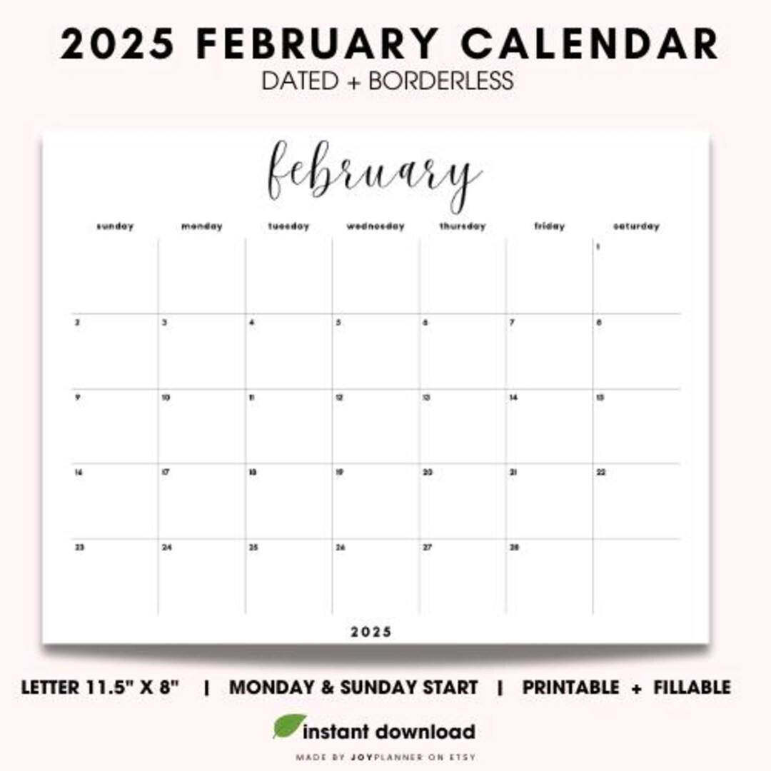Dated February 2025 Borderless Monthly Calendar Printable 8.5 X 11 ...