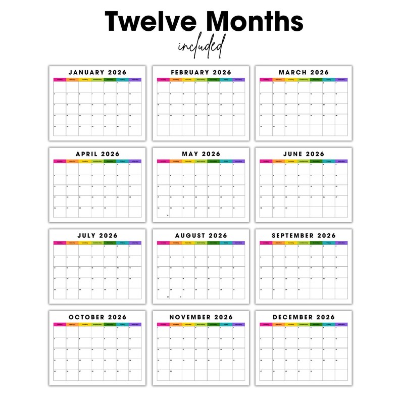 2026 Rainbow Monthly Calendar Printable: Planner, Sunday & Monday Start ...