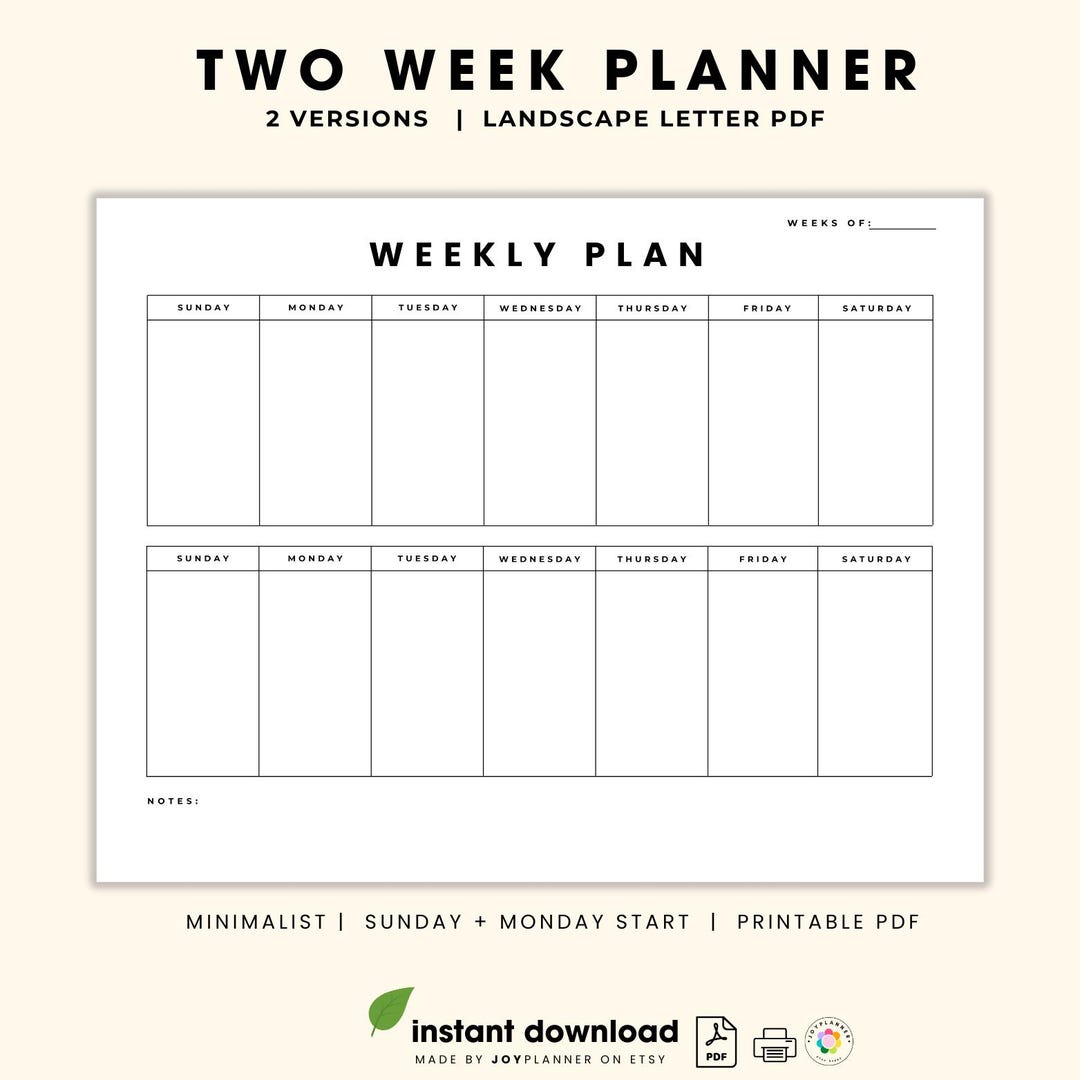 Minimalist Color Full Two Week Planner Printable PDF| Two-week Overview ...