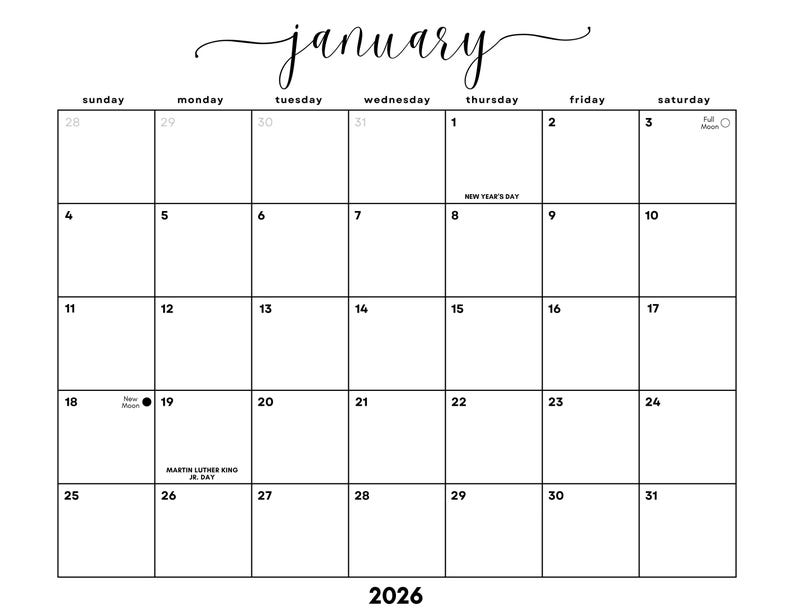 January 2026 Minimalist Calendar W/moons & Holidays: Landscape Planner ...