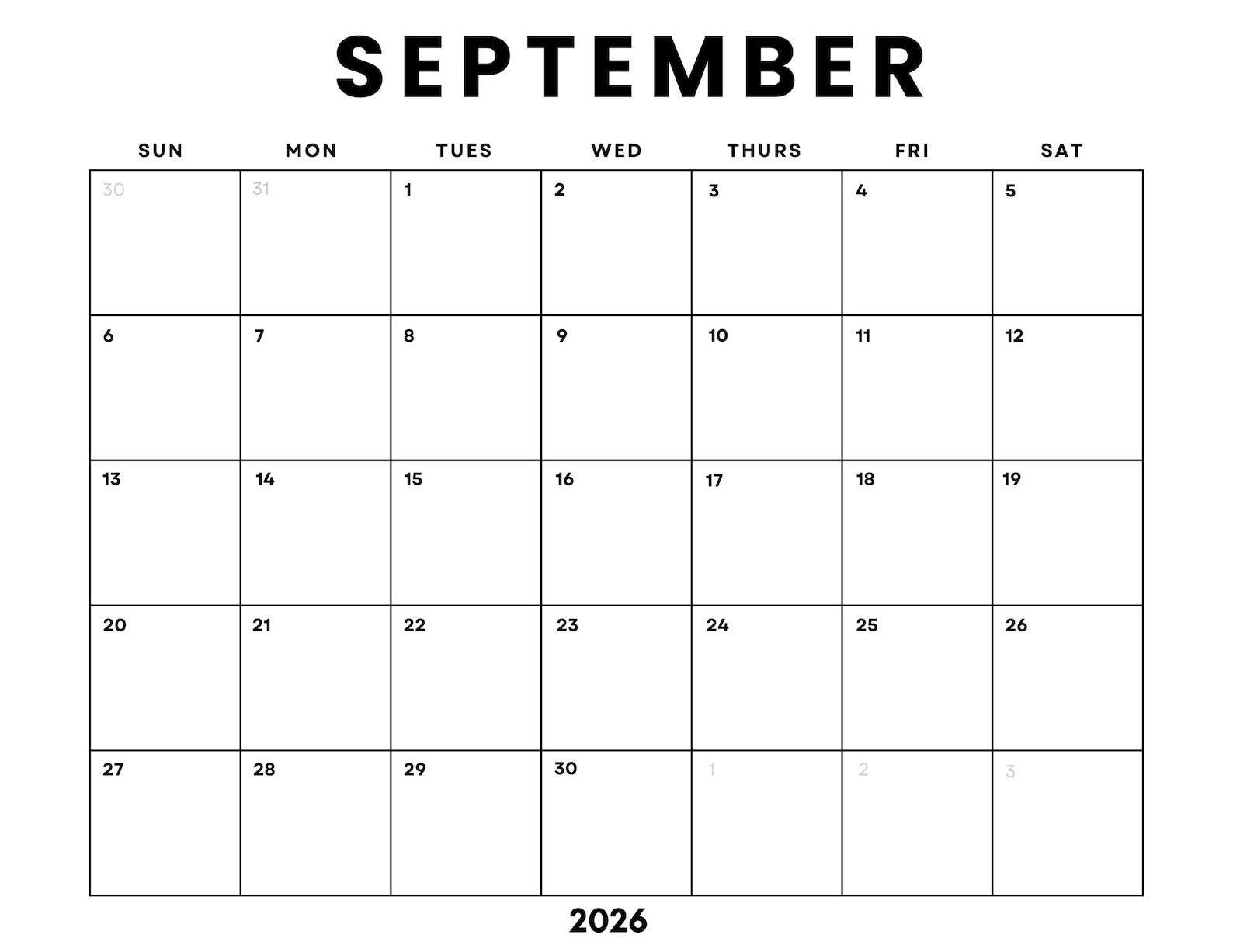 September 2026 Minimalist Calendar Printable (PDF) | Sunday, Monday ...