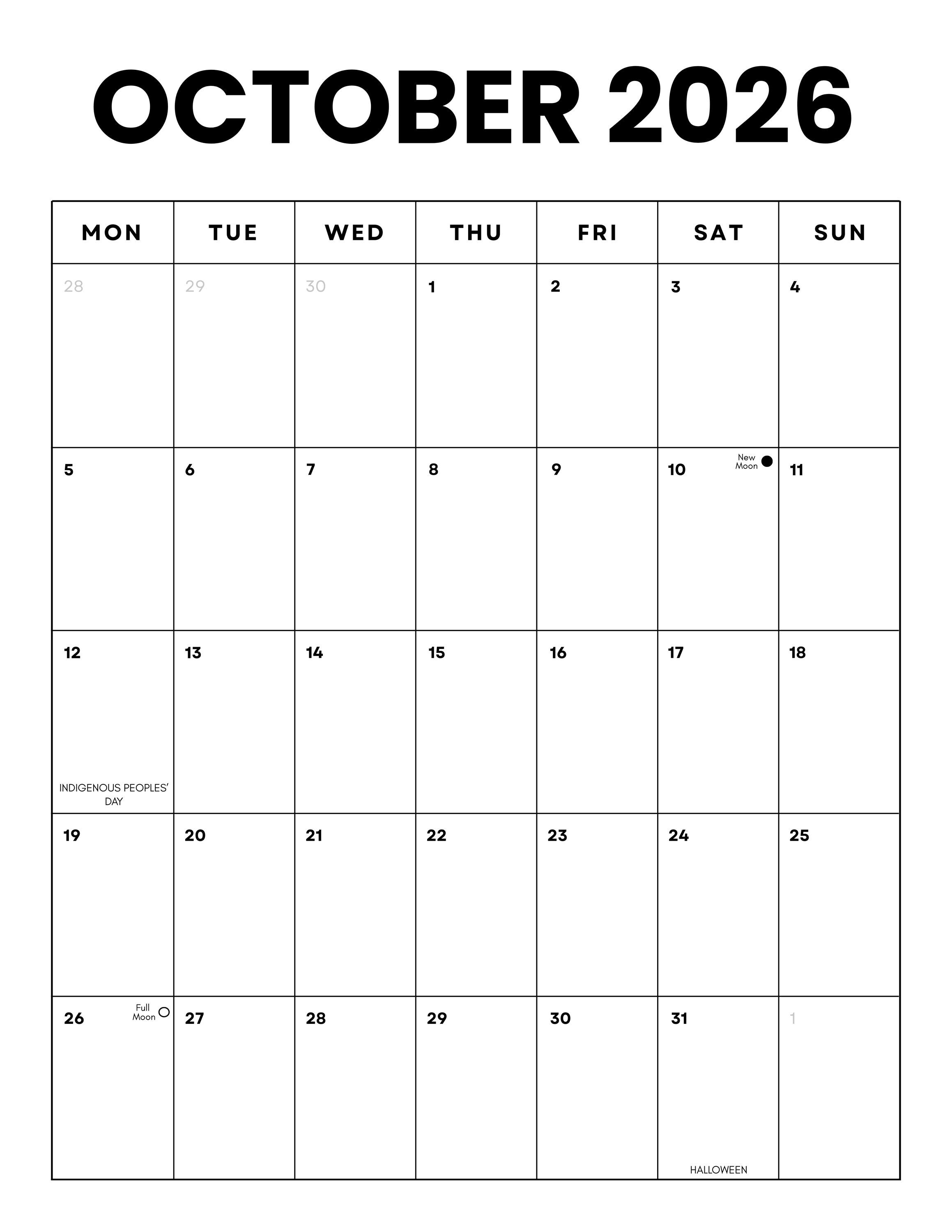 October 2026 Vertical Calendar Printable W/holidays & Moons: Minimalist ...