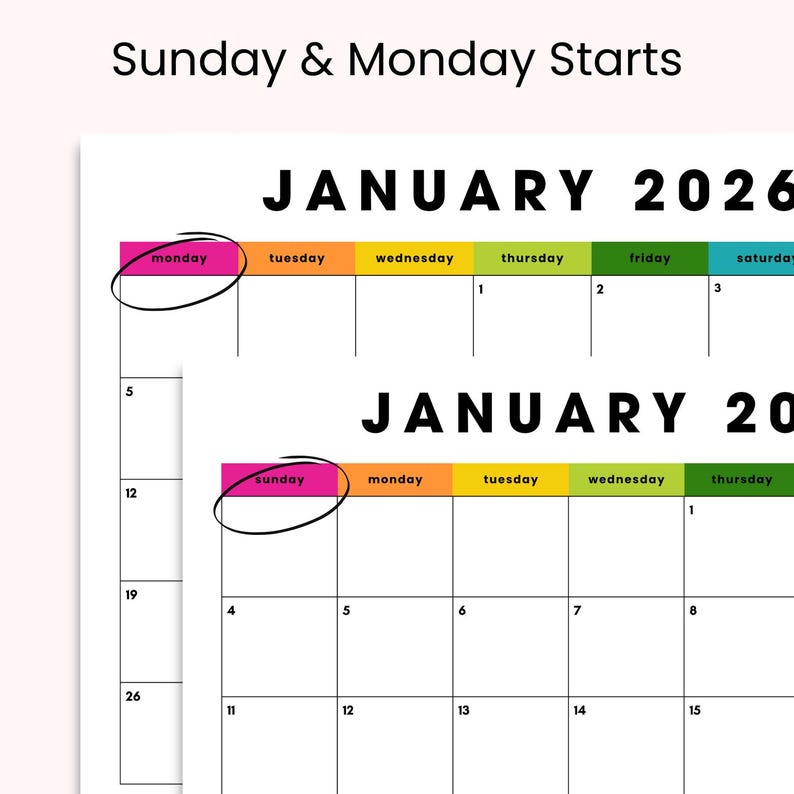 2026 Rainbow Monthly Calendar Printable: Planner, Sunday & Monday Start ...