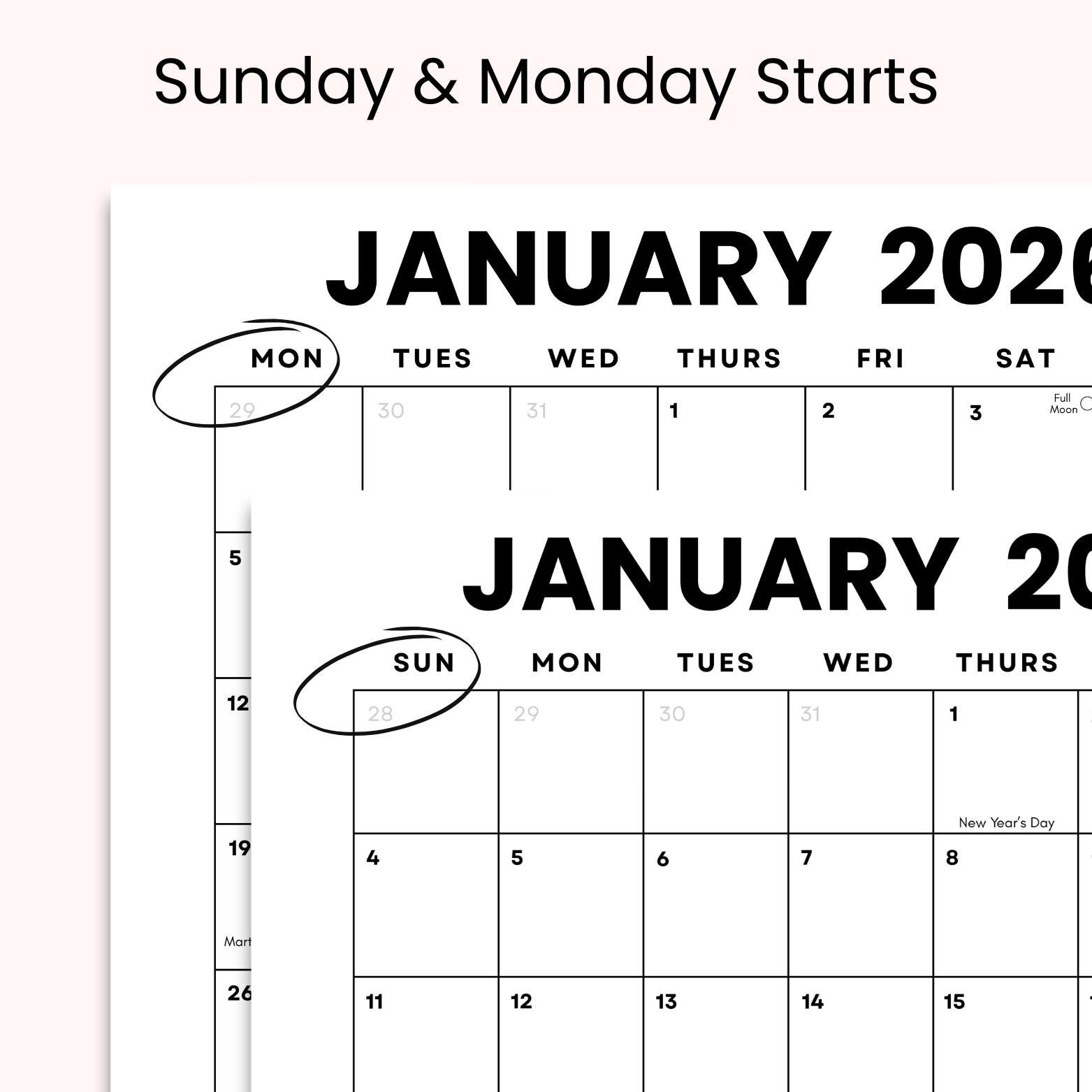 January 2026 Monthly Calendar W/holidays + Moons: Minimalist Planner ...