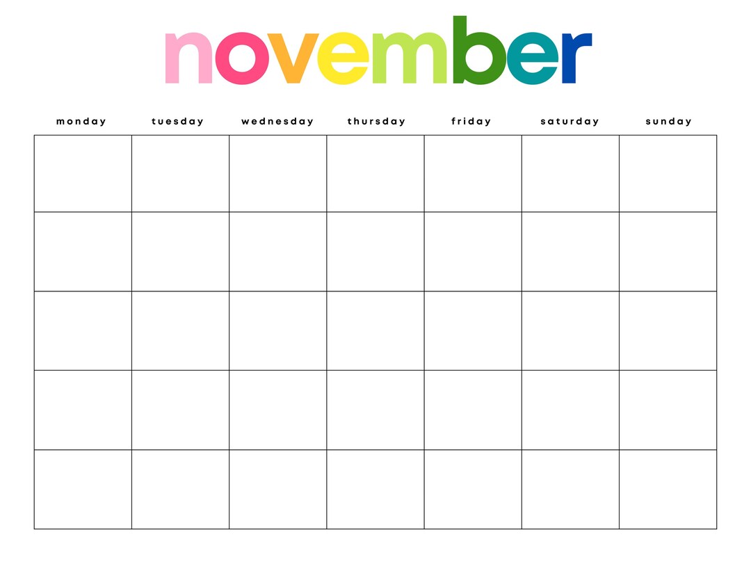 Rainbow November Calendar Printable: Undated Monthly Planner (PDF ...