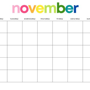Rainbow November Calendar Printable: Undated Monthly Planner (PDF ...