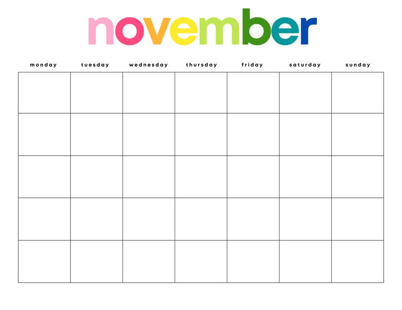Rainbow November Calendar Printable: Undated Monthly Planner (PDF ...