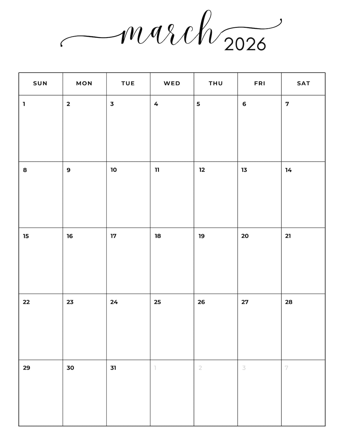 March 2026 Monthly Calendar: Minimalist Cursive Vertical Planner ...