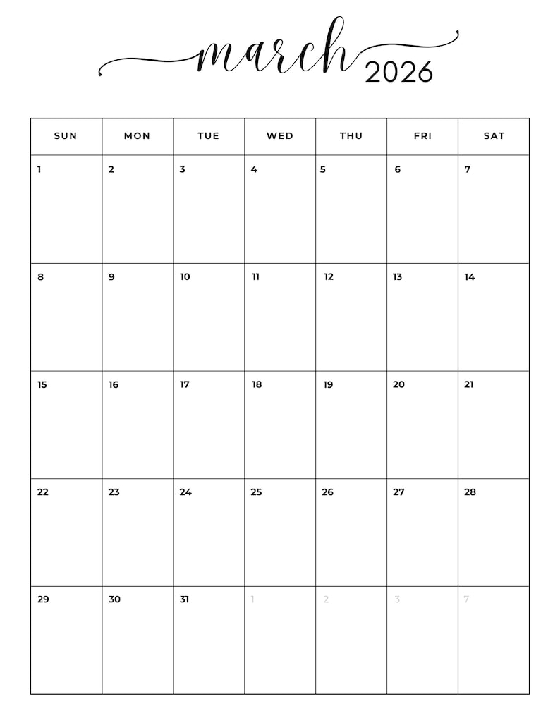March 2026 Monthly Calendar: Minimalist Cursive Vertical Planner ...