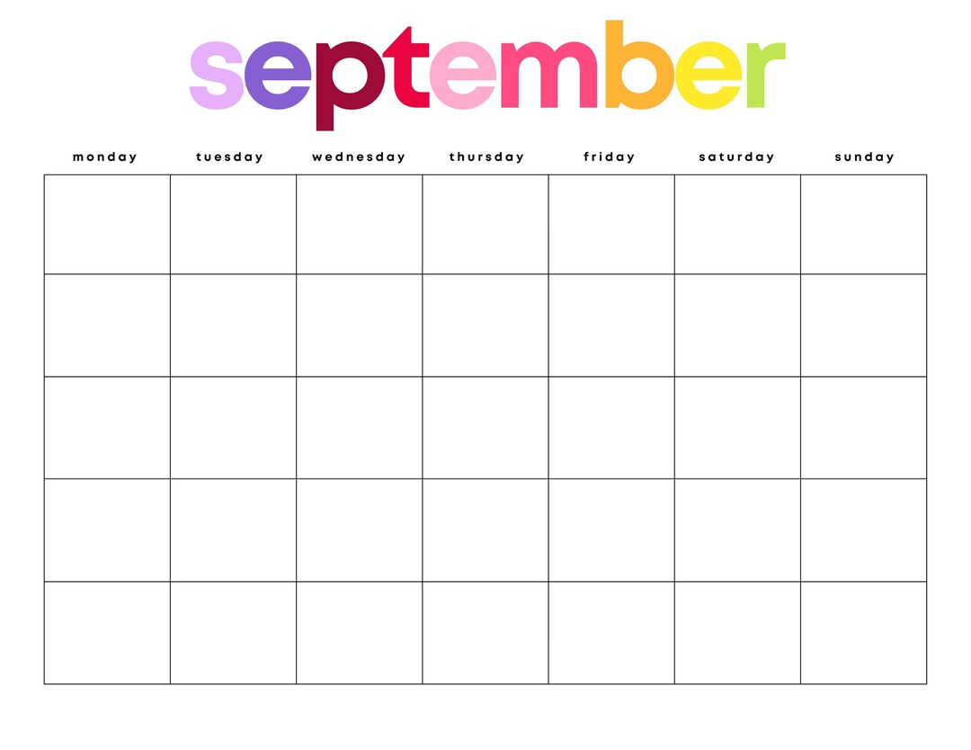 Rainbow September Calendar | Undated Monthly Planner (digital Download ...
