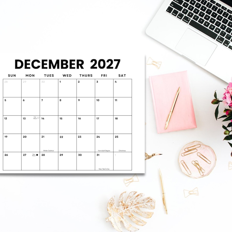 December 2027 Minimalist Calendar: US Holidays & Moon Phases (printable ...