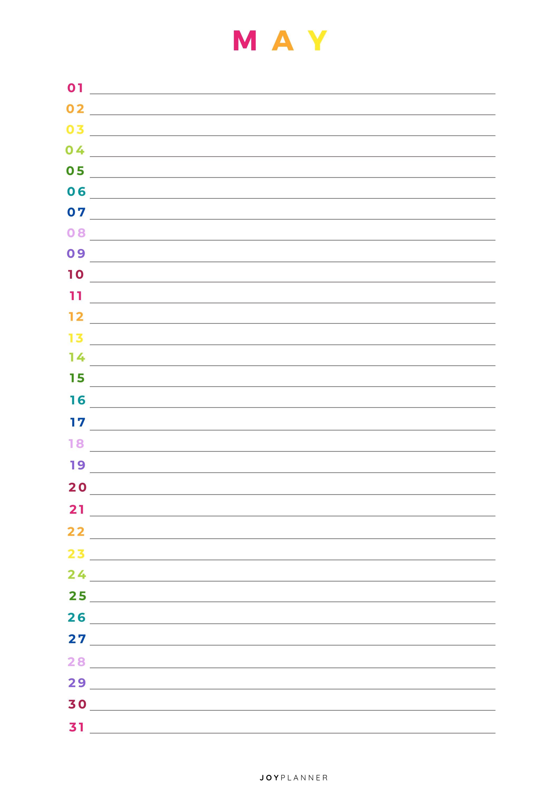 Rainbow Monthly Calendar Printable PDF| Instant Digital Download | List ...