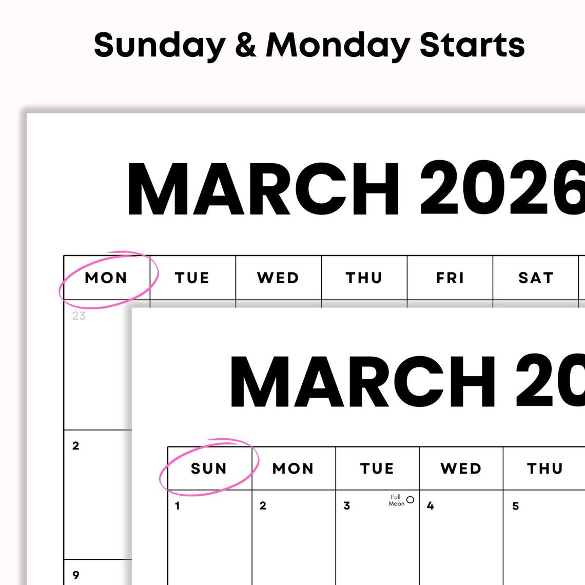 March 2026 Vertical Minimalist Monthly Calendar W/holidays + Moons ...