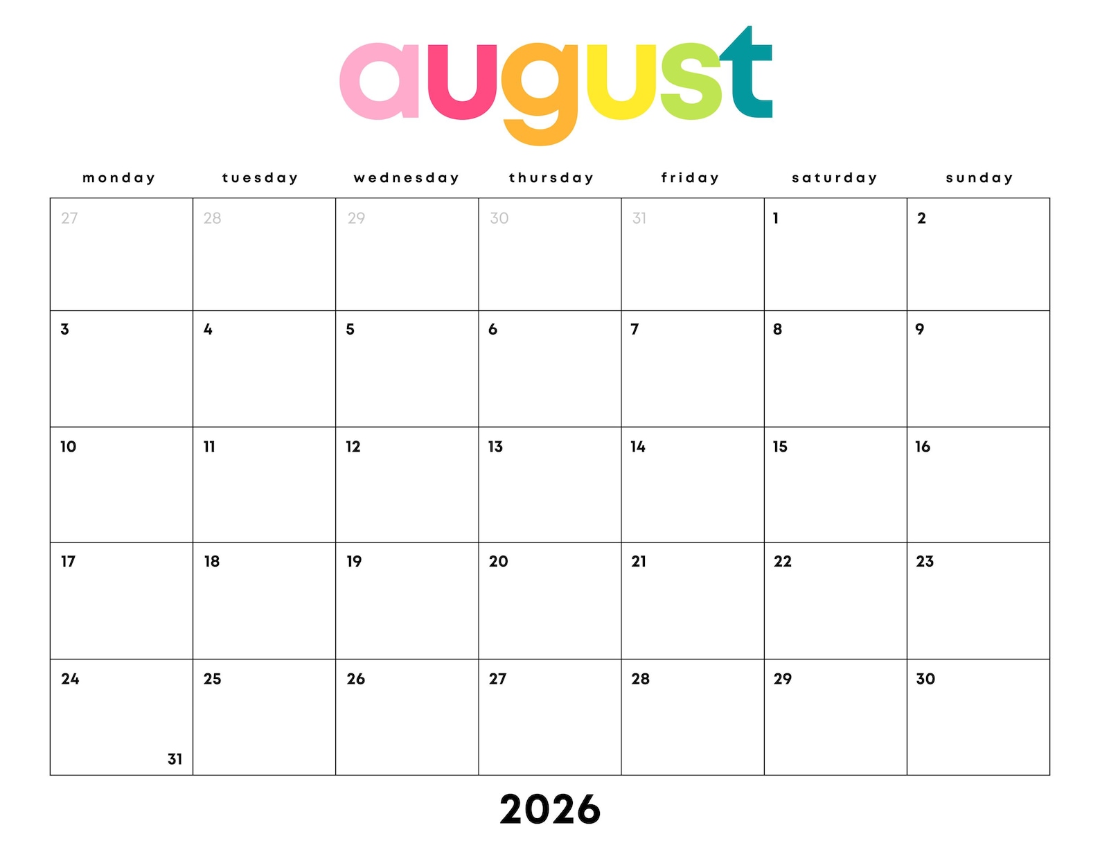 August 2026 Rainbow Calendar Printable: Minimalist Monthly Planner ...
